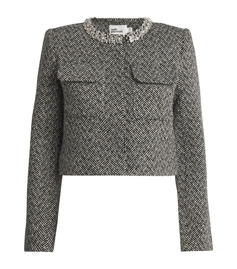 Self Portrait Crystal Embellished Herringbone Jacket In Gray Lyst