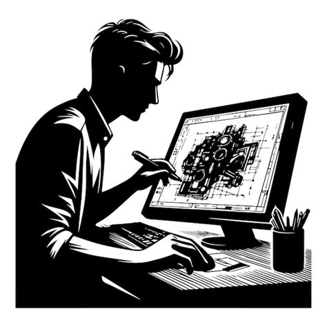 Vector Silhouette Of An Engineer Designing A New Product Using Cad Vector Silhouette Of An Engineer Designing A New Product Using Cad