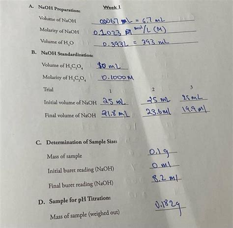 Solved A. NaOH Preparation: Week I Volume of NaOH | Chegg.com