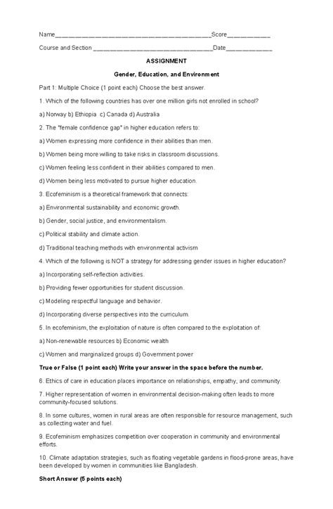 Assignment ON Gender Education AND Environment Studocu