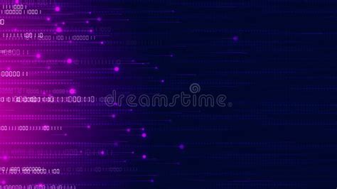 Binary Code Numbers And Bright Particles Move On A Dark Blue Background Lines And Pixel Points