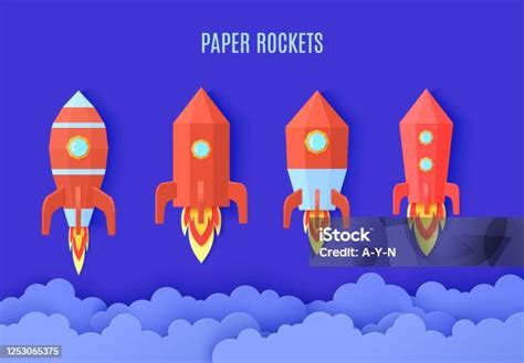종이 스타일의 종이 접기 빨간 로켓 세트 3d 구름 풍경과 4 개의 우주선이 푸른 하늘을 시작합니다 시작 셔틀 벡터 공간 요소의 컬렉션 3차원 형태에 대한 스톡 벡터 아트