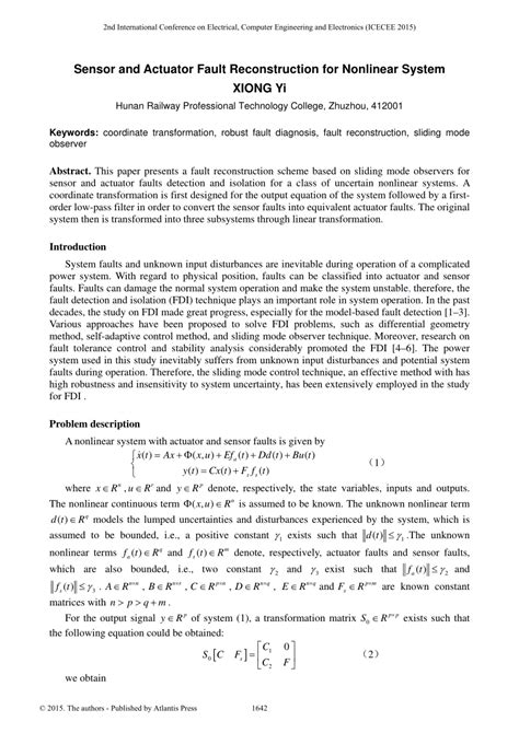Pdf Sensor And Actuator Fault Reconstruction For Nonlinear System