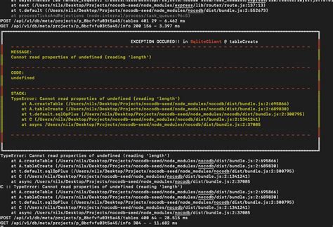 i m not able to create a table with the api `cannot read properties of
