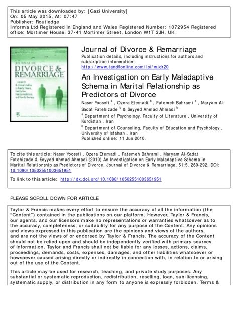 An Investigation On Early Maladaptive Schema In Marital Relationship As