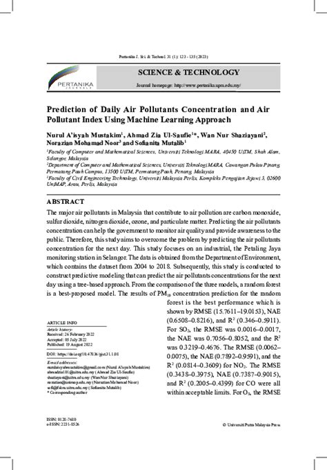 Pdf Prediction Of Daily Air Pollutants Concentration And Air Pollutant Index Using Machine