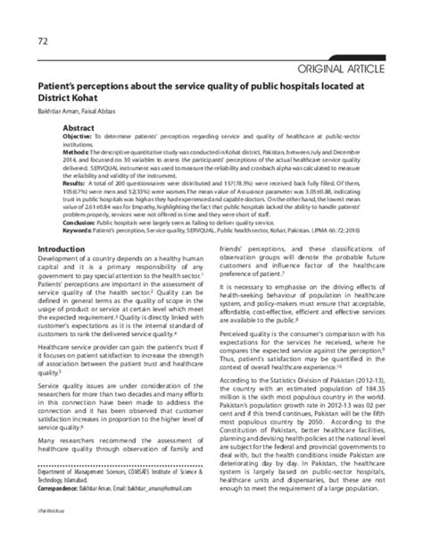Pdf Patients Perceptions About The Service Quality Of Public Hospitals Located At District Kohat