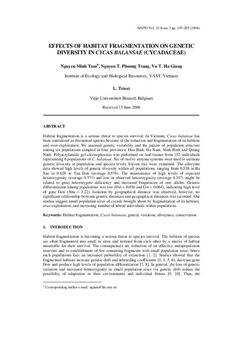 Pdf Effects Of Habitat Fragmentation On Genetic Diversity In Cycas Balansae Cycadaceae