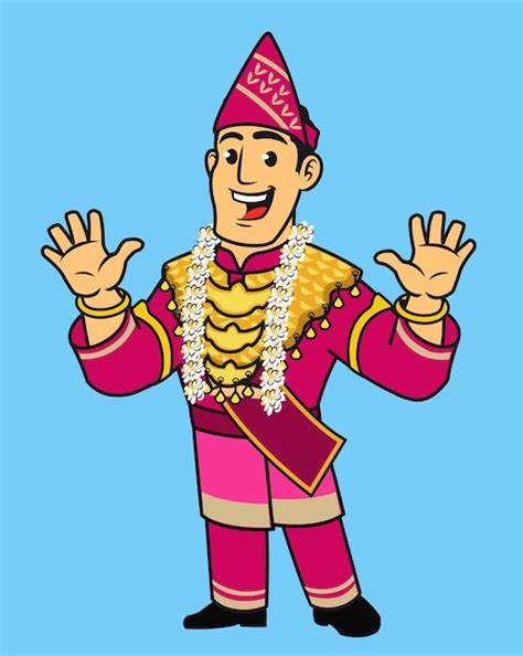 전통 의상 을 입은 인도네시아 원주민 람 ⁇ 만화 프리미엄 벡터