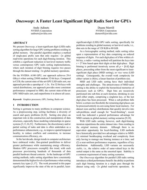 Pdf Onesweep A Faster Least Significant Digit Radix Sort For Gpus