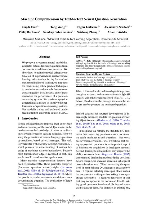 Pdf Machine Comprehension By Text To Text Neural Question Generation
