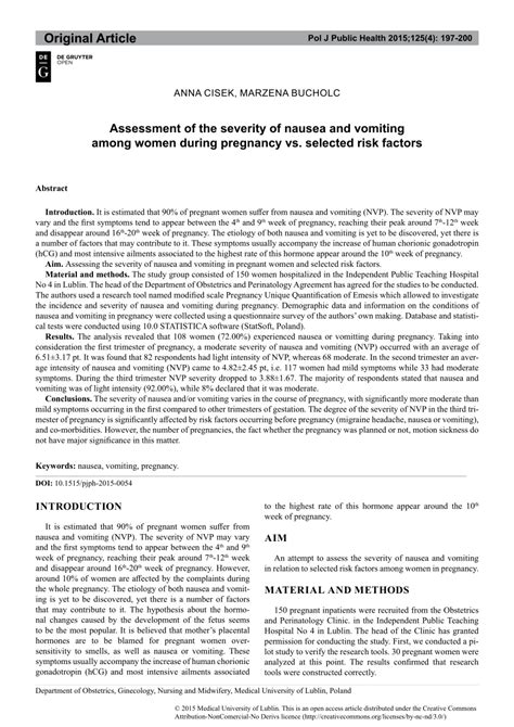 Pdf Assessment Of The Severity Of Nausea And Vomiting Among Women During Pregnancy Vs