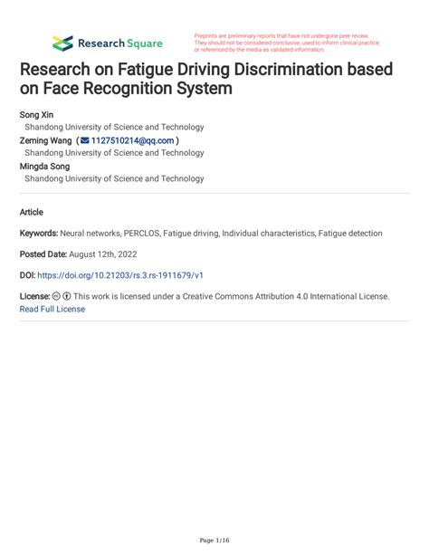 Pdf Research On Fatigue Driving Discrimination Based On Face Recognition System