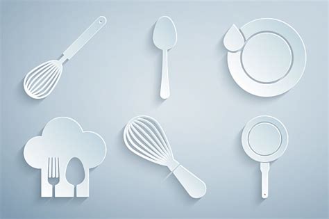 세트 키친 거품기 설거지 포크와 숟가락을 곁들인 셰프 모자 프라이팬 숟가락 아이콘 벡터 3차원 형태에 대한 스톡 벡터 아트 및