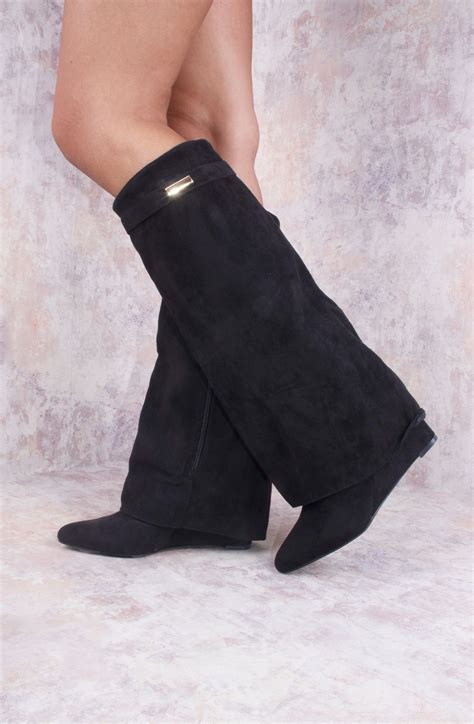 Womens Black Faux Suede Fold Over Shark Classic Wedge Heel Buckle Knee