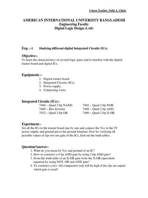 Digital Logic Design Lab Experiment 1 Pdf Digital Electronics Logic Gate