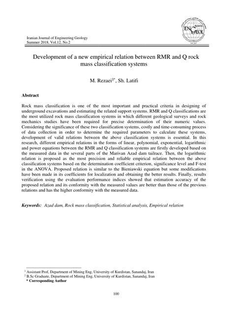 Pdf Development Of A New Empirical Relation Between Rmr And Q Rock