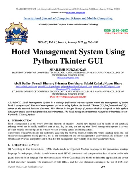 Pdf Hotel Management System Using Python Tkinter Gui