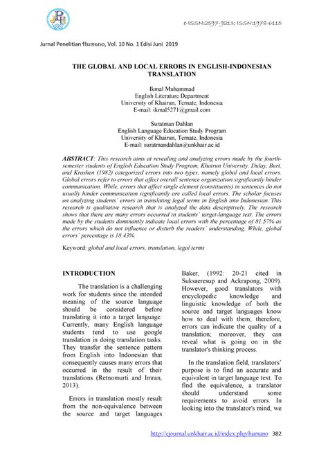 Pdf The Global And Local Errors In English Indonesian Translation