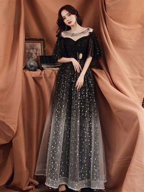 Plus Size Black Evening Dress Elegant Long Prom Dressshiny Formal