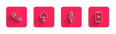 설정 라인 무선 마이크 클라우드 다운로드 Usb 케이블 코드 없음 및 긴 그림자가 있는 5g 모바일 빨간색 사각형 버튼입니다 벡터 0명에 대한 스톡 벡터 아트 및 기타