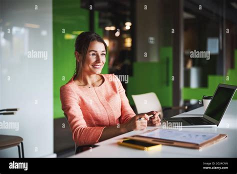 Beautiful Elegant Brunette Female Business Analyst In Pink Jacket Resting After Negotiation In