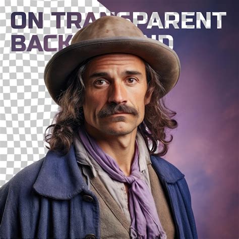 북유럽 농부 죄책감 긴 머리카락을 가진 중년 남자가 가까운 입술에서 파스텔 페리윈클에 포즈를 취합니다 프리미엄 Psd 파일