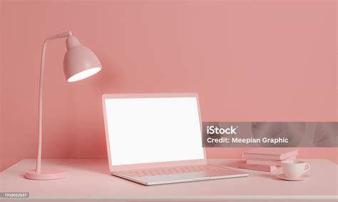 분홍색 방 내부에는 빈 흰색 화면이 있는 모형 노트북 컴퓨터가 있습니다 3d 렌더링 그림 0명에 대한 스톡 사진 및 기타 이미지 0명 3차원 형태 가구 Istock