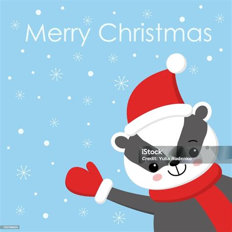 새해 복 많이 받으세요 손 발 인쇄를 들고 오소리 레드 스카프 모자 귀여운 만화 재미 귀 엽 다 아기 캐릭터 즐거운 성탄절 평면 디자인입니다 12월에 대한 스톡 벡터 아트