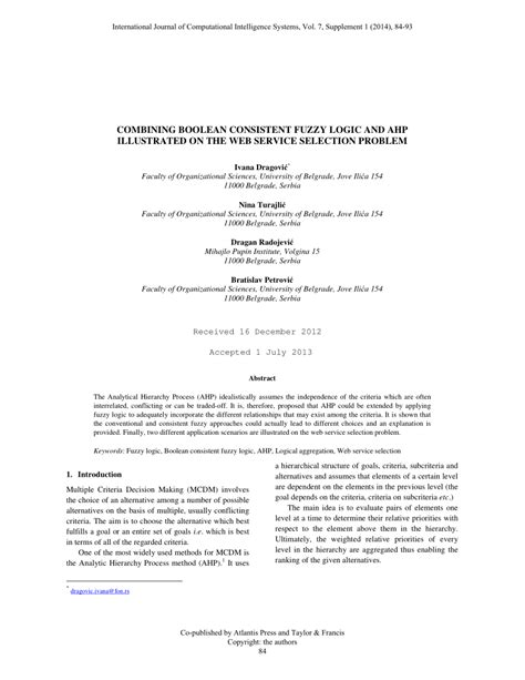 Pdf Combining Boolean Consistent Fuzzy Logic And Ahp Illustrated On