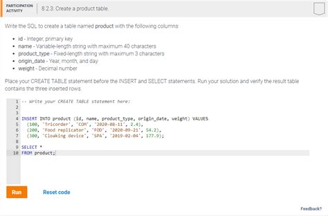 Solved Participation Activity 8 2 3 Create A Product Table