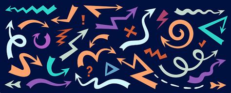 검은 배경에 간단한 다른 다채로운 선 브러시 화살표 집합의 벡터 만화 그림입니다 플랫 낙서 손으로 그린 스타일 패턴 디자인 질감