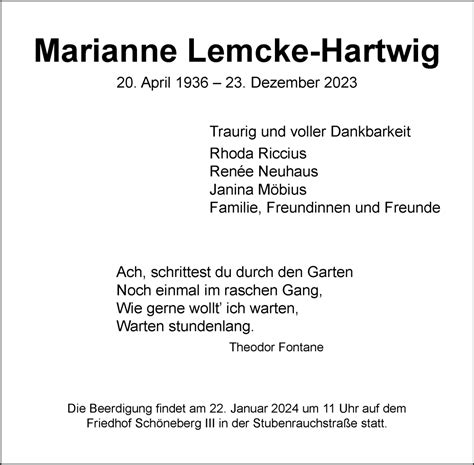 Traueranzeigen Von Marianne Lemcke Hartwig Tagesspiegel Trauer