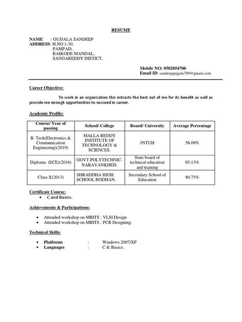 Sandeep Resume Pdf Electronic Engineering Science