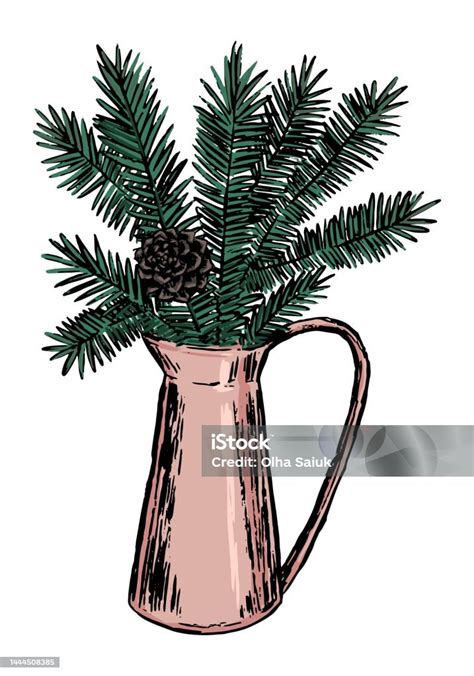 크리스마스 나뭇가지와 우아한 꽃병의 스케치 전나무 나뭇 가지의 꽃다발 손으로 그린 벡터 그림입니다 흰색으로 분리된 빈티지 꽃