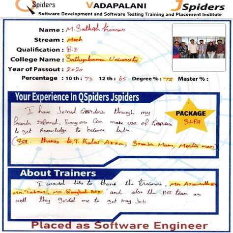 Qspiders Chennai Vadapalani Congratulations 👏sathish Kumar M Placed As Software Engineer 👏👏