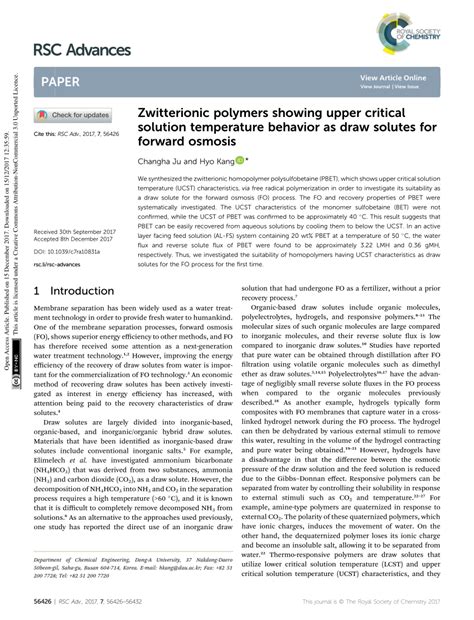 Pdf Zwitterionic Polymers Showing Upper Critical Solution Temperature Behavior As Draw Solutes
