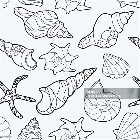 흰색 배경에 조개껍데기의 윤곽선 그리기 벽지 포장지 침대 욕실 타일 의류 또는 침구를위한 조개 껍질의 원활한 패턴 전화 케이스 또는 패브릭 인쇄 0명에 대한 스톡 벡터 아트