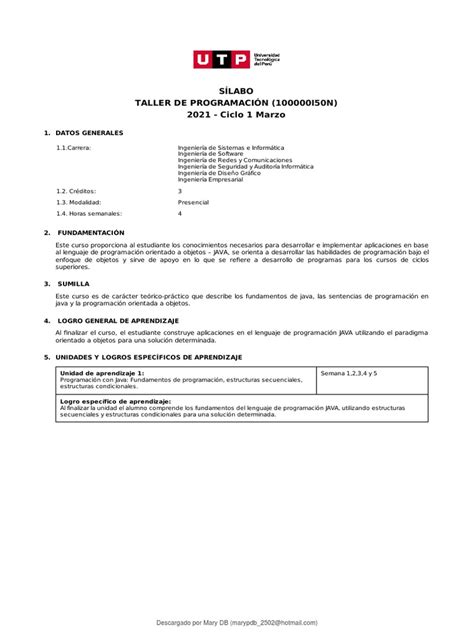Silabo Taller De Programacion 2021 Pdf Tecnología