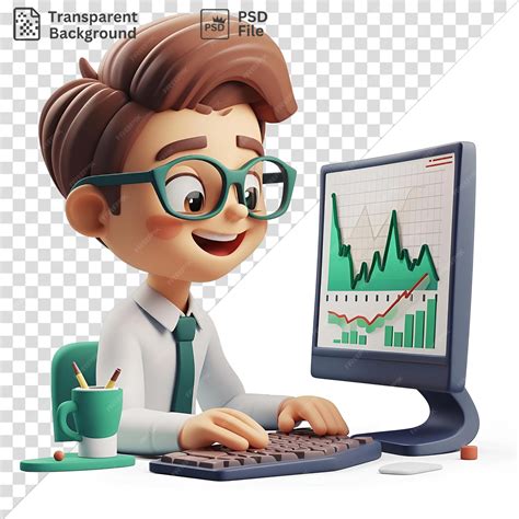 3d Stock Trader Cartoon Analyzing Stock Market Charts On A Computer