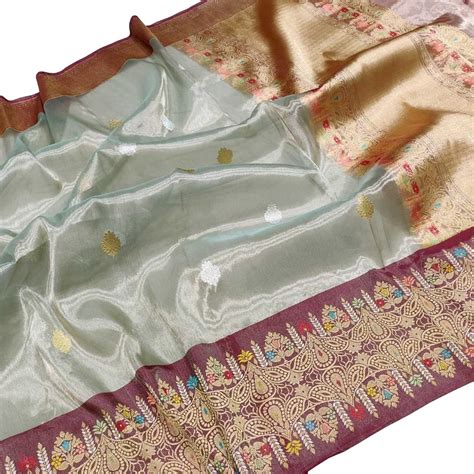 20 Off Pastel Banarasi Handloom Pure Kora Tissue Silk Meenakari Saree