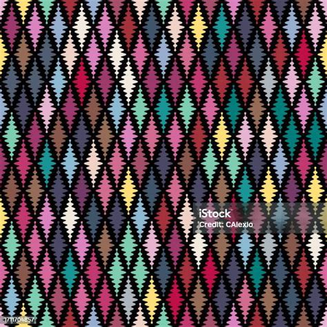 검은색 배경에 다이아몬드 모양의 여러 가지 빛깔의 물결 모양 타일이 있는 매끄러운 기하학적 패턴 그래픽 텍스타일 질감 할리퀸 모자이크 장식용 벡터 그림입니다 구도에 대한