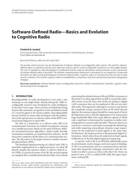 pdf software defined radio—basics and evolution to cognitive radio