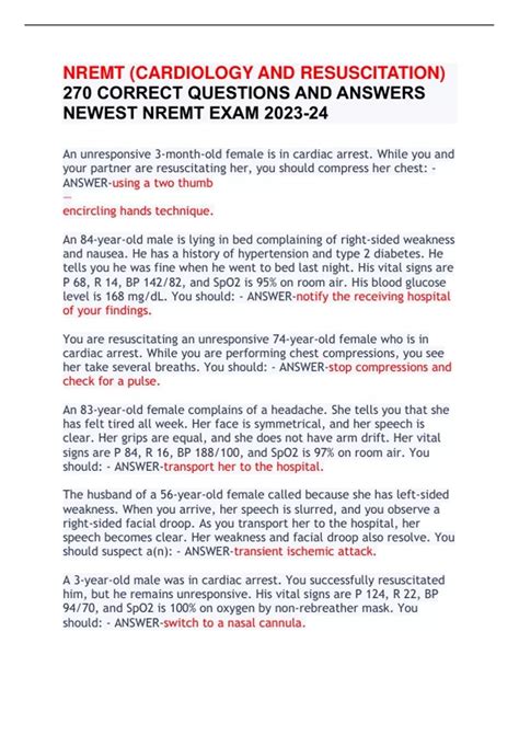 Nremt Cardiology And Resuscitation 270 Correct Questions And Answers Newest Nremt Exam 2023 24
