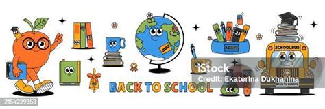 신학기 복고풍 컨템포러리 세트입니다 펑키하고 그루비한 요소와 캐릭터 모음 재밌는 지구 행성 스쿨 버스 사과 책 및 기타 벡터 일러스트 레이 션 신학기에 대한 스톡 벡터 아트