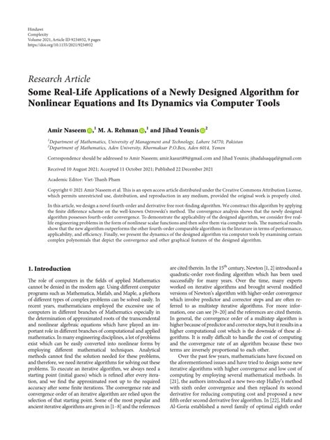 Pdf Some Real Life Applications Of A Newly Designed Algorithm For Nonlinear Equations And Its
