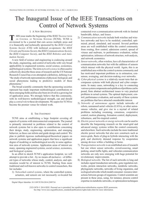 Pdf The Inaugural Issue Of The Ieee Transactions On Control Of Network Systems