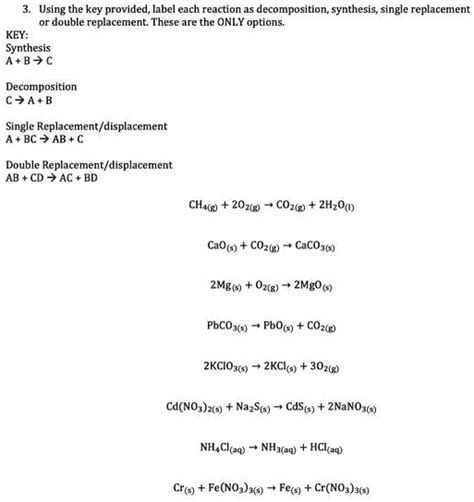 SOLVED Using The Key Provided Label Each Reaction As Decomposition Synthesis Single