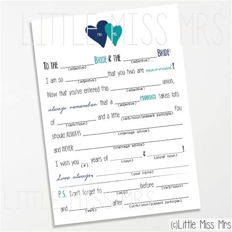 same sex couple printable mad lib wedding advice cards in navy