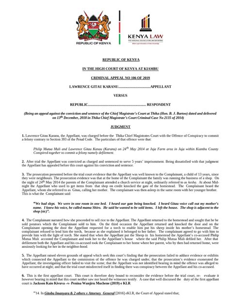 Lawrence Gitau Karanu V Republic 2020kehc1128 Klr Pdf Sentence